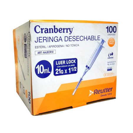 Caja de jeringas de 10 cc Luer Lock c/a 21g x1 1/2 x 100 unidades Cranberry